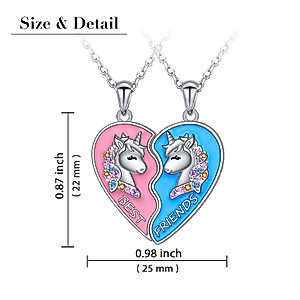 JZMSJF S925 Sterling Silver Best Friends Necklaces for 2 Unicorn BFF Friendship Matching Heart Set Jewelry Birthday Gifts