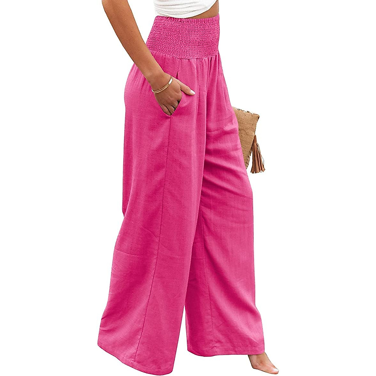 Vansha Women Summer High Waisted Cotton Linen Palazzo Pants Wide Leg Long Lounge Pant Trousers with Pocket Hot Pink M