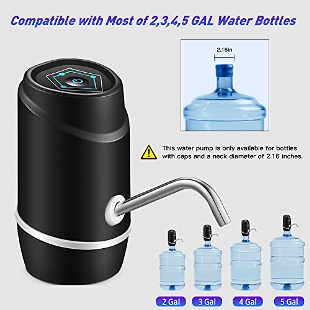 TECZEN Portable Water Dispenser for 5 Gallon Bottle, USB Charging Automatic Water Bottle Pump, Small Electric Water Jug Pump for Home, Living Room, Office, Camping - Black