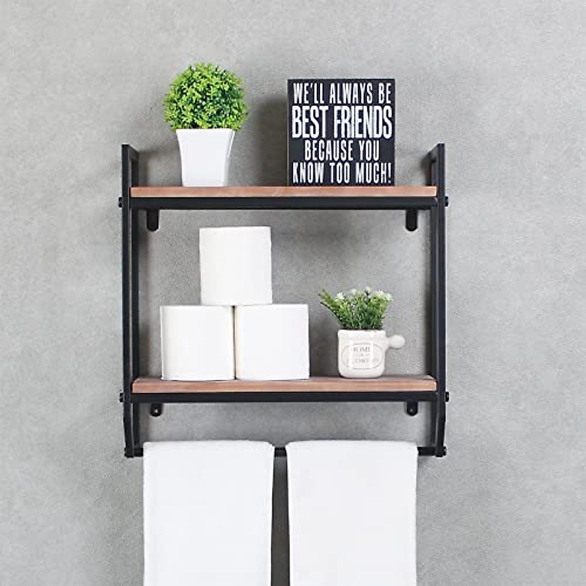 Industrial Bathroom Shelves Wall Mounted,Rustic Pipe Shelving Wood Shelf with Towel Bar,Farmhouse Towel Rack,Metal Floating Shelves Towel Holder,Shelf Over Toilet(Blcak)