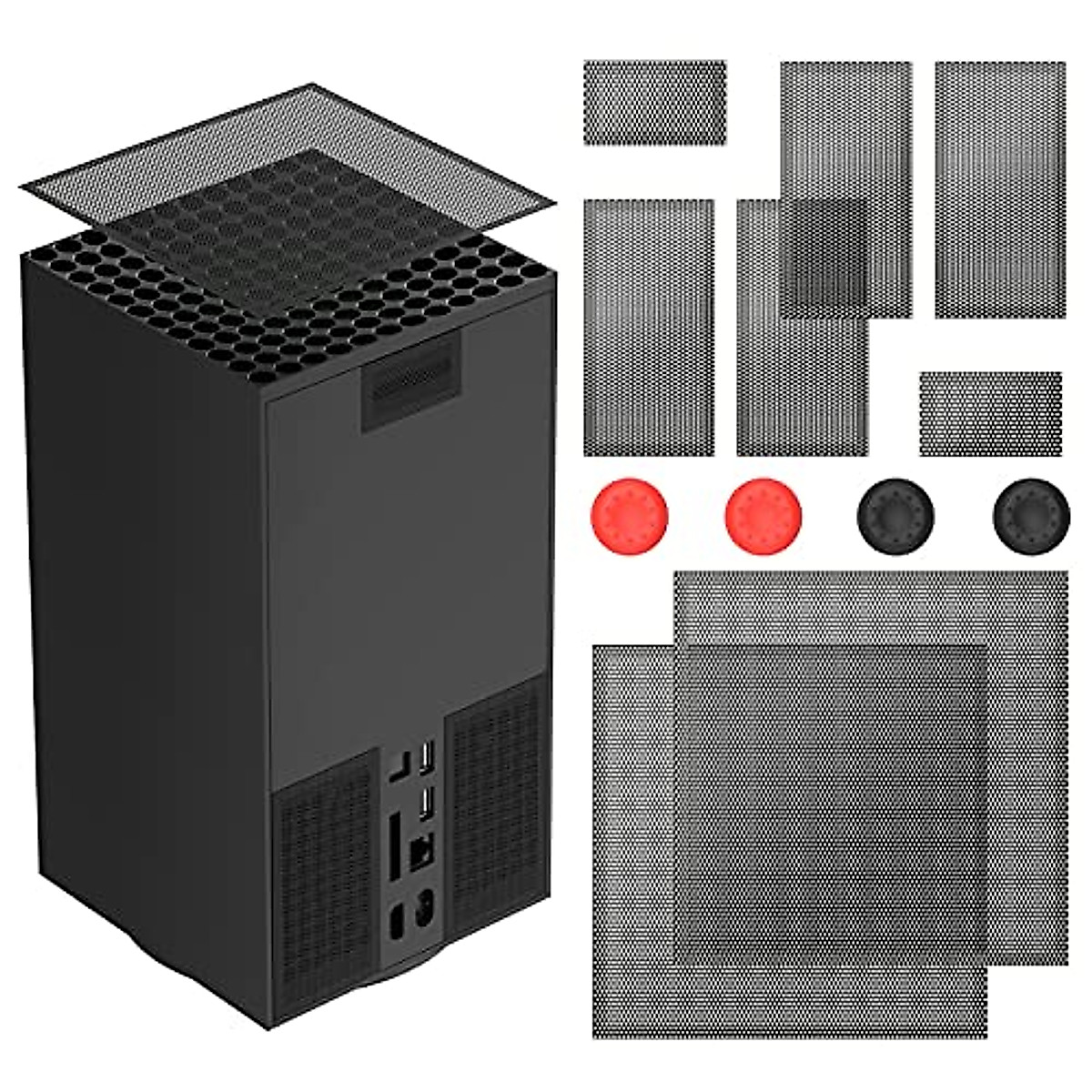 FASTSNAIL Dust Proof Cover for Xbox Series X, Dust Filter Cover Kit Compatiable with Xbox Series X, Include 2 Pack PVC Mesh Filter Cover and 4 Rubber Thumb Grip Cover
