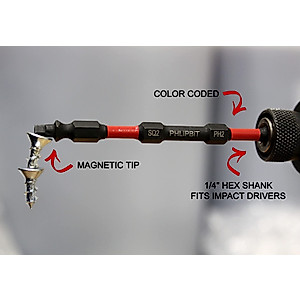 PHLiPBiT - Double-End, Impact Rated Screwdriver Power Bit, IRPB6SQPH2-5, SQ2+PH2, 6 INCH, 5pk. (SQ2 Red drives #8/10 Square + PH2 Blue drives #8/10 Phillips Screw)