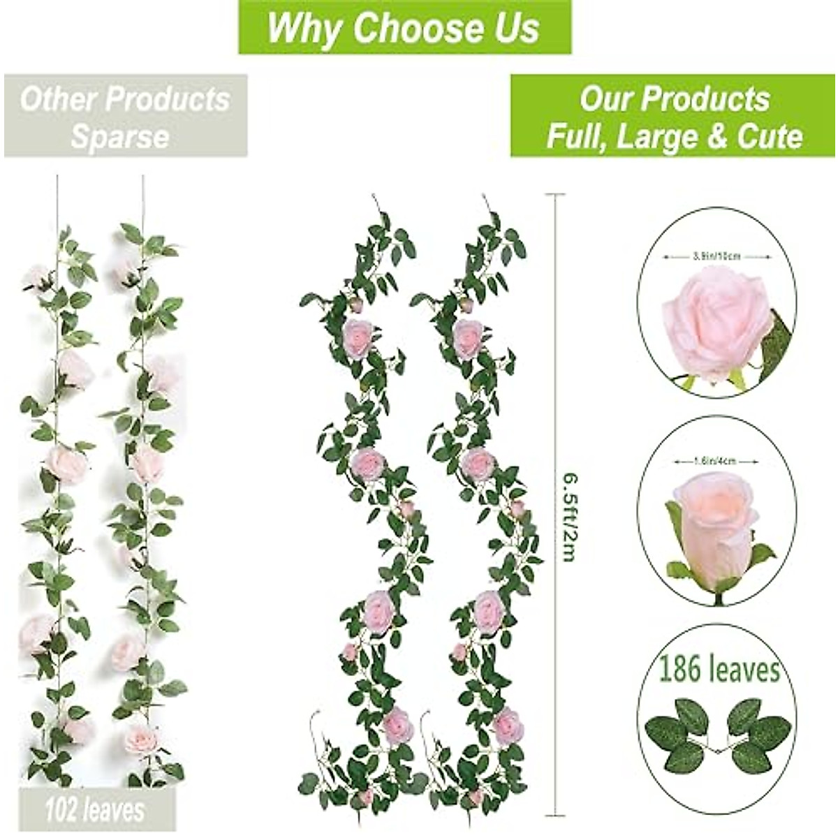 MARTINE MALL 2 Pcs 13.2Ft Artificial Pink Rose Garland, Fake Rose Vine Floral Garland for Wedding Party, Garden, Home, Table, Wall Decor