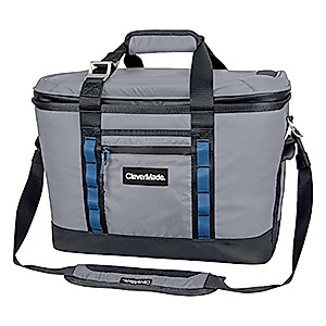 CleverMade Maverick Collapsible Cooler Bag - 50 Can Insulated Leakproof Soft Sided Beverage-Tote with Shoulder Strap, Bottle Opener and Storage Pockets, Grey/charcoal, Large, One Size
