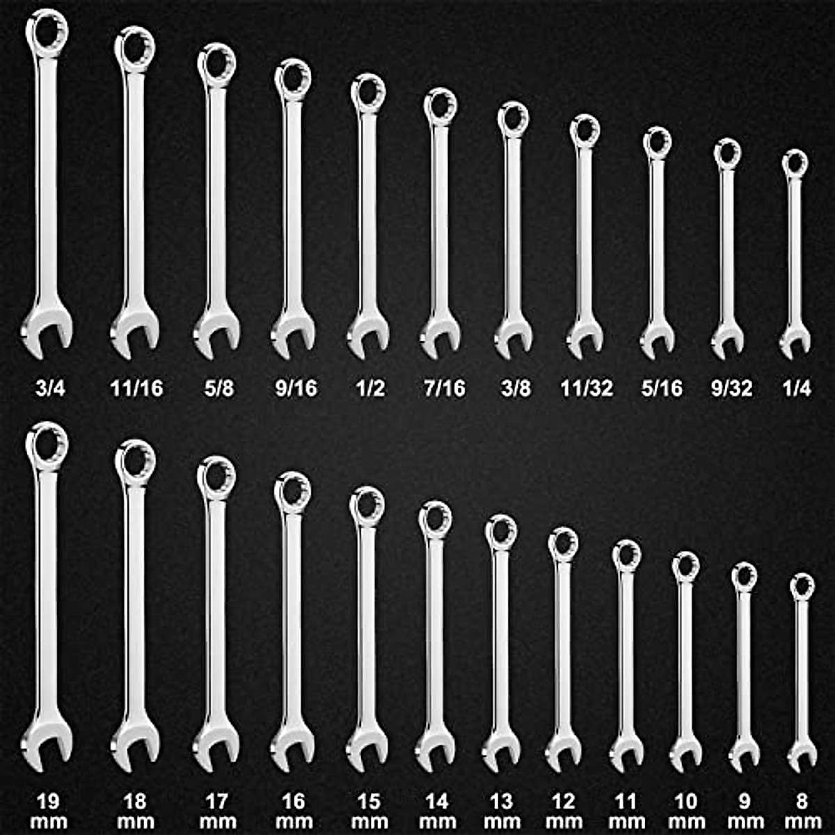 23-Piece Premium SAE and Metric Combination Wrench Set in Roll-up Pouch | Inch Size 1/4 - 3/4” and Metric Size 8 - 19mm | Chrome Vanadium Steel, Mirror Finish, 12-Point Box End and 15° Angled Open End