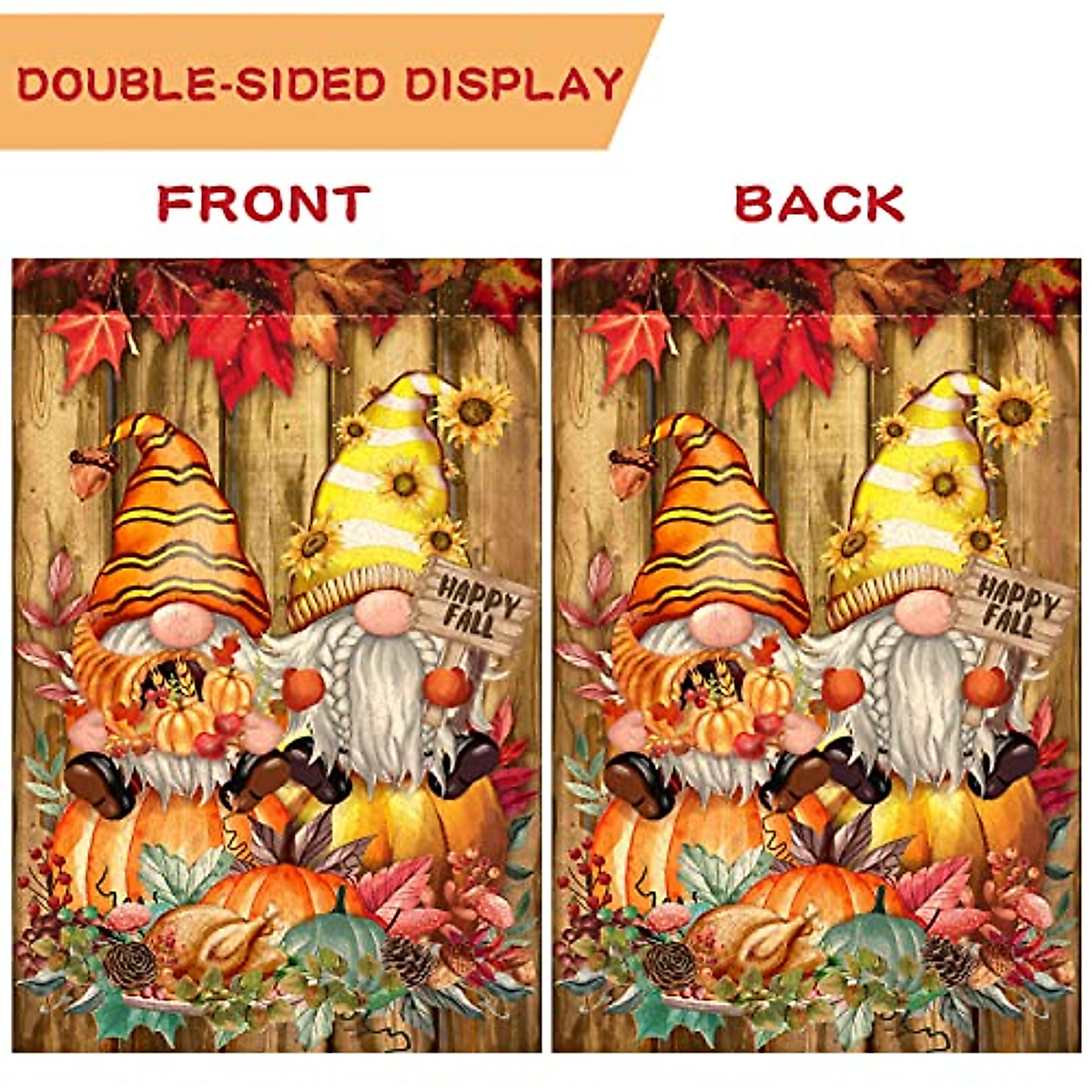 JOPHMO Fall Garden Flag, Happy Fall Gnomes Pumpkins Small Garden Flags 12x18 Inch, Double Sided Vertical Burlap Yard Flag Home Seasonal Outdoor Decor