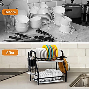 MERRYBOX Dish Drying Rack, 2 Tier Stainless Steel Plate Dish Rack Drainboard Set with 3 Trays, Utensil Holder, Cutting Board Holder, Anti-Rust Dish Drainer for Kitchen Counter Space Saving