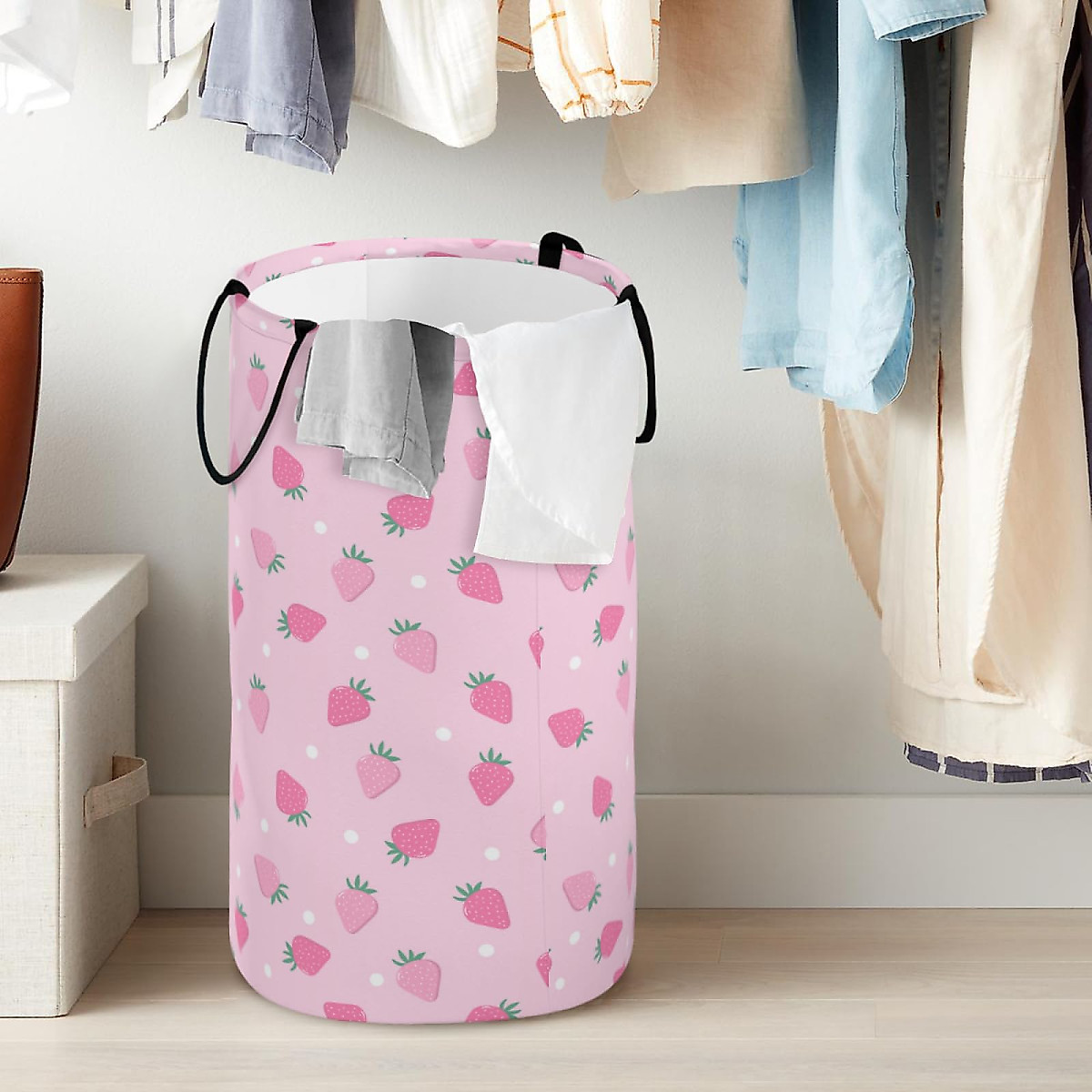 Cute Strawberry Pink Laundry Basket with Handle 86L Laundry Hamper Collapsible Toys Storage Basket Toys Room Storage Basket