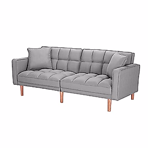 KoiHome Futon Sleeper Sofa with Adjustable Back and Two Pillows, Modern Chaise with Conical Wood Legs, Contemporary Home Furniture for Living, Bedroom,Office,Waiting Room, Polyester, Light Grey