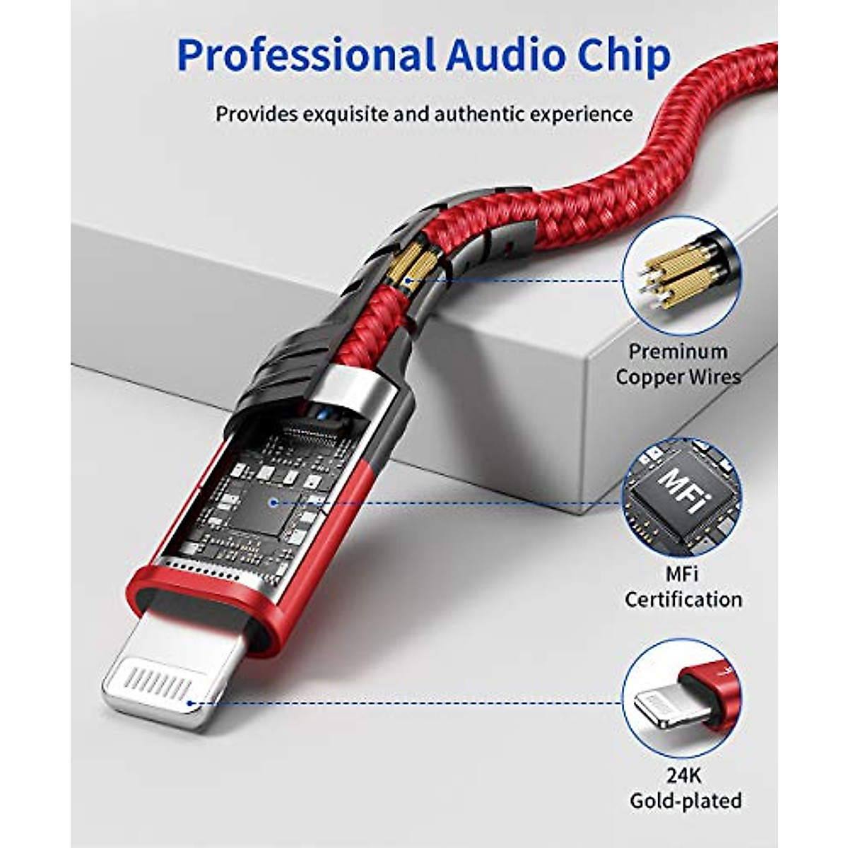 JSAUX Lightning to 3.5mm iPhone AUX Cord 6FT, [Apple MFi Certified] AUX Cord for iPhone Headphones Jack Compatible with iPhone 14/14 Plus/14Pro/13/13 Pro Max/12/12 Pro/11/X/XS/XR/8/Car Stereo-Red