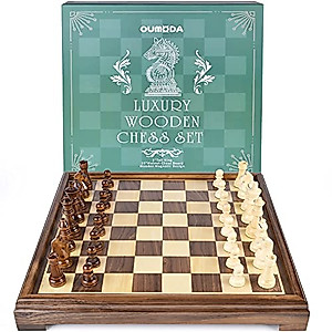 OUMODA Luxury Magnetic Wooden Chess Game Set - 15" Walnut Chess Board with Stylish Chess Pieces - 2 Extra Queens, Strap-Style Elastic Rope Storage, High End Gift, Birthday Housewarming Retirement