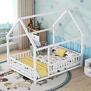 Harper & Bright Designs Full Size Floor Bed for Kids, Wood House Bed with Guardrails, Montessori Design, House-Shaped Roof, for Kids, Boys, Girls, No Spring Box Needed, White
