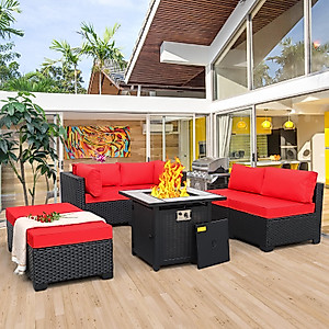 Lviden 7 Pieces Outdoor Patio Furniture Set, Black Wicker Sectional Couch, PE Rattan Conversation Sofa Set with Red Cushions and 5000 BTU Fire Pit Table