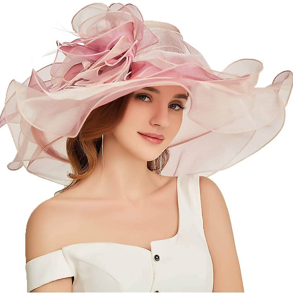 F FADVES Women Oganza Sun Hat Church Wide Brim Wedding Formal Fascinator Hat