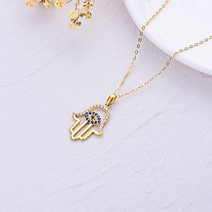 Hamsa Hand Pendant Necklace for Women, Real 14K Gold Evil Eye Pendant with Shiny Sapphire Lucky Protection Jewelry for Her, Wife, Mom, Girlfriend, 18"