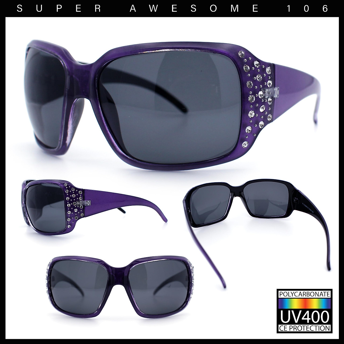 SA106 Polarized Lens Oversize Rhinestone Bling Iced Out Womens Sunglasses Purple