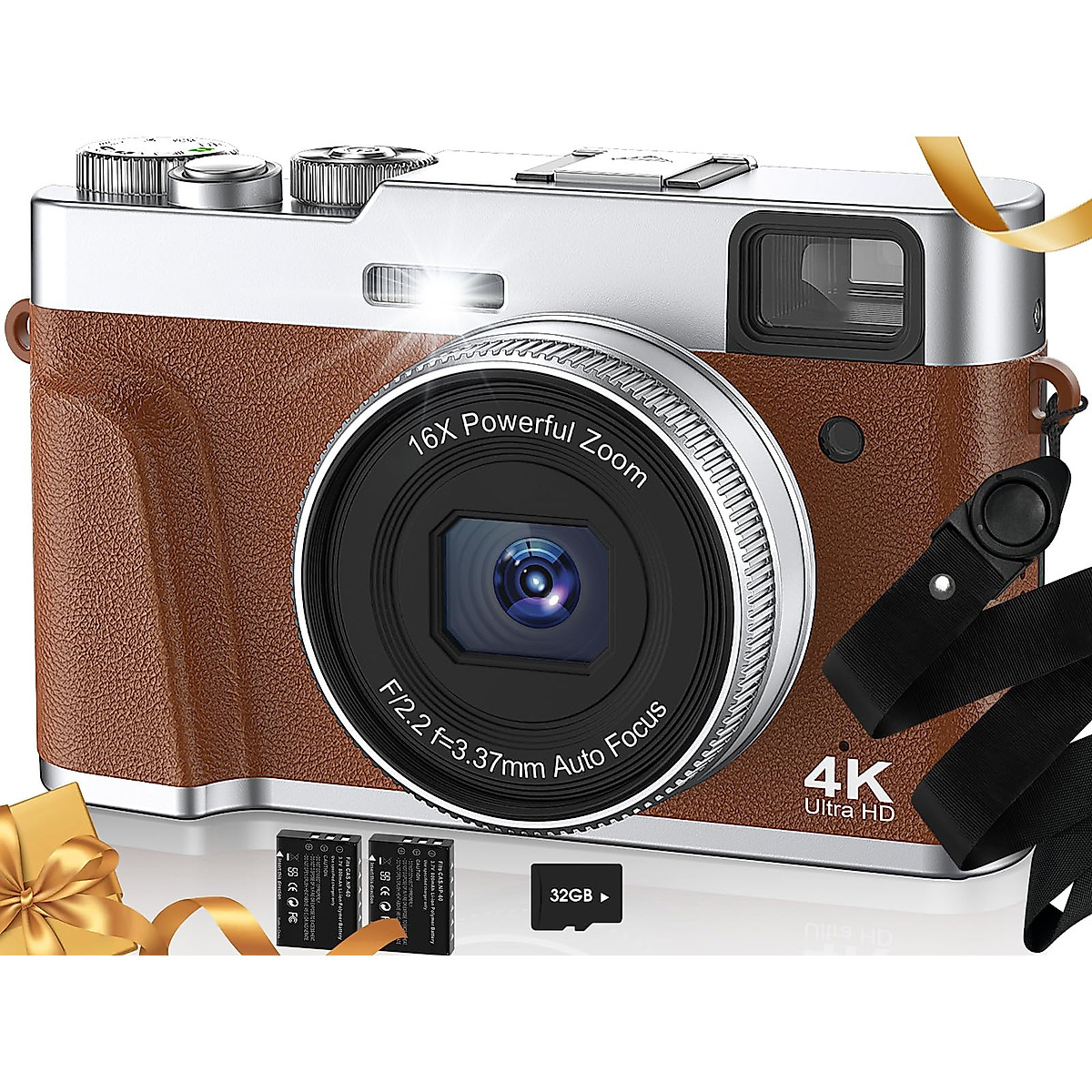 Upgraded 4K Digital Camera with SD Card Autofocus,48MP Point and Shoot Camera with Flash Viewfinder & Dial,Vlogging Camera Anti-Shake,16X Zoom Portable Travel Camera,2 Batteries