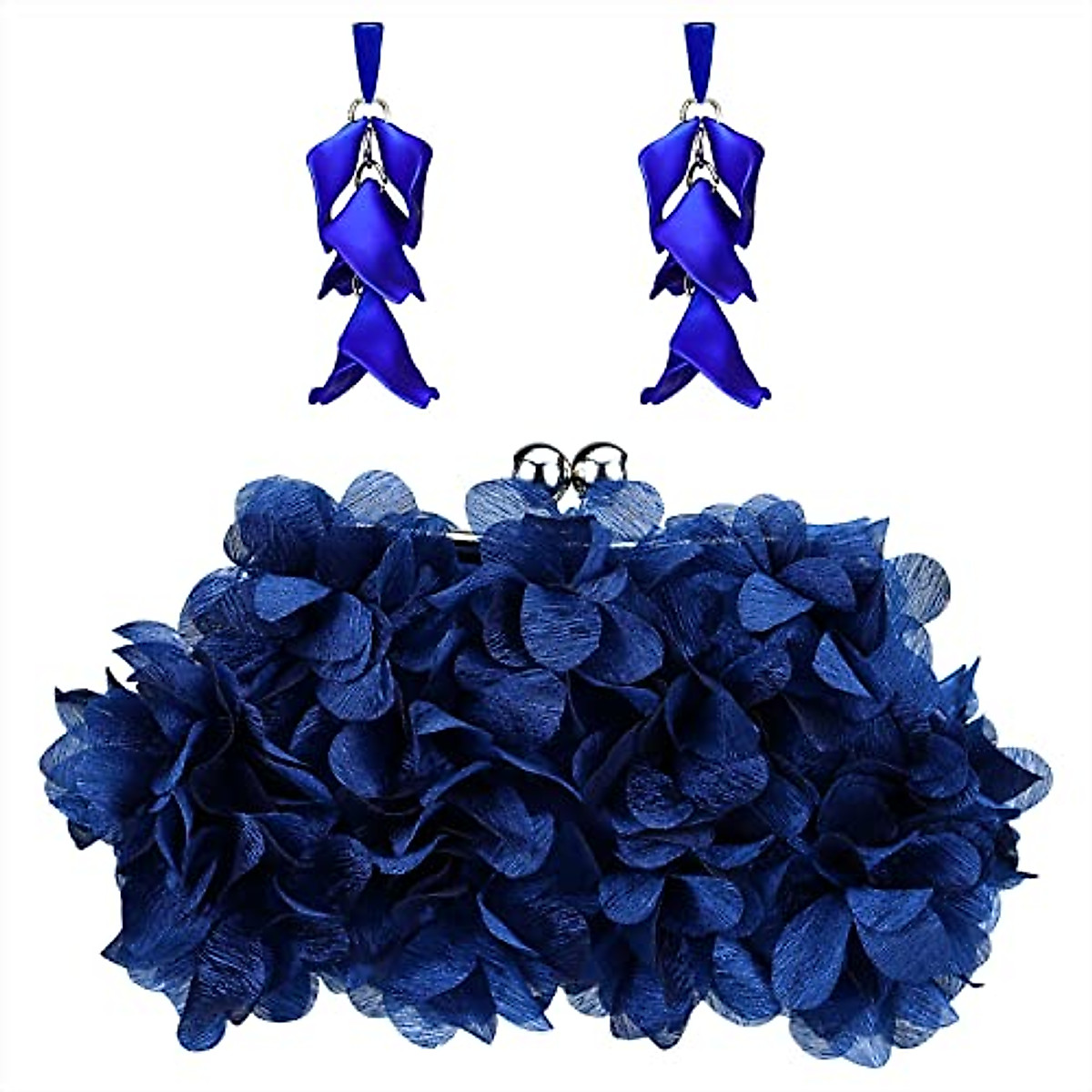 Mrotasvi Lightweight Tassel Rosa Flower Earrings and Rose Petal Clutch Evening Bag for Women Girls Party Wedding Pack of 2 Set (Blue)