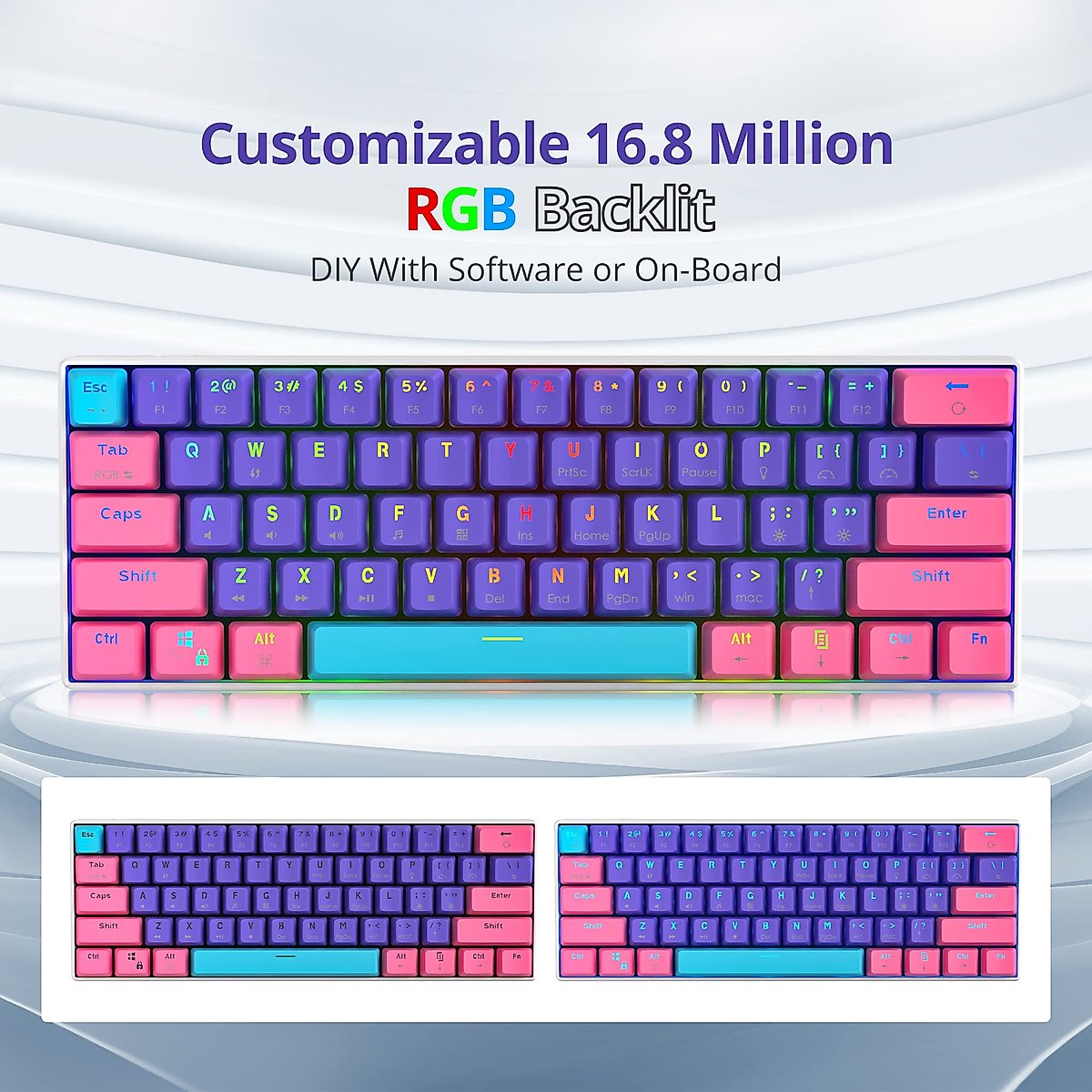 Mosptnspg Protable 60% Percent Gaming Keyboard Mechanical, Mini Compact RGB Backlit 61 Keys Wired Office Keyboard with red Switch for Mac/Win (Purple/red Switch)