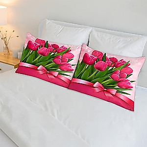 Floral Tulip Satin Pillow Cases Silk Satin Pillowcase for Hair and Skin Standard Set of 2 Super Soft Silk Pillowcase with Envelope Closure (20x26 in)