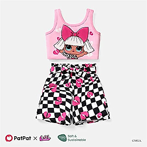 L.O.L. Surprise! Kid Girl 2pcs Mother's Day Character Print Sleeveless Tee and Plaid Belted Shorts Set Pink 11-12 Years