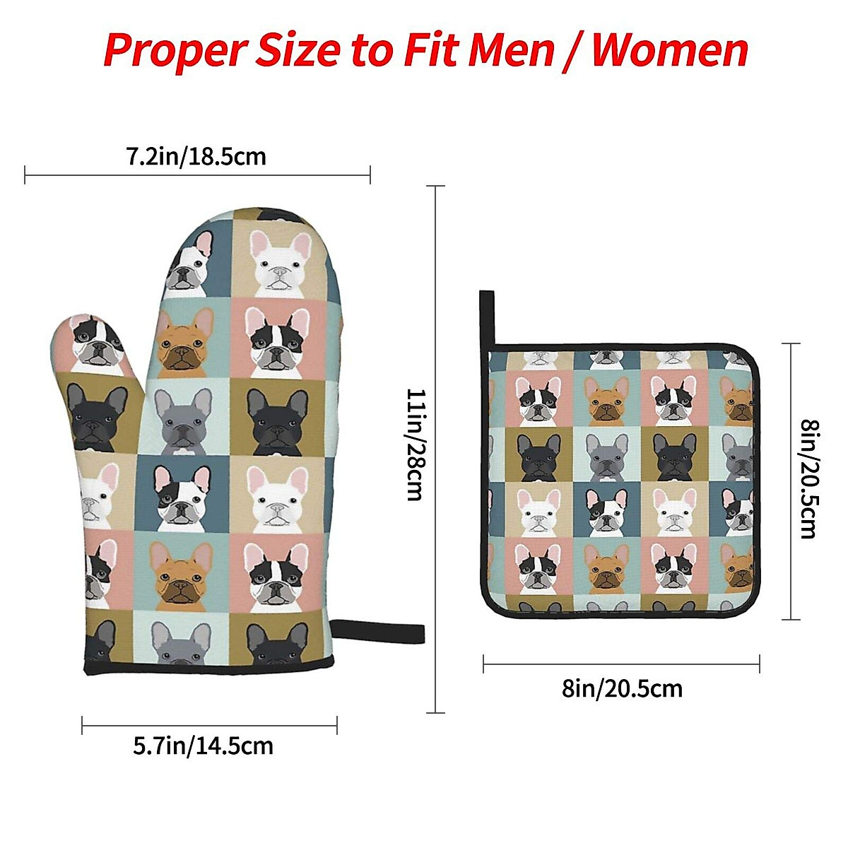 Msacrh French Bulldogs Oven Mitts and Pot Holders Sets of 4, Cotton Lining with Non-Slip Hot Pads,Heat Resistant Oven Gloves for Kitchen Cooking Baking Grilling