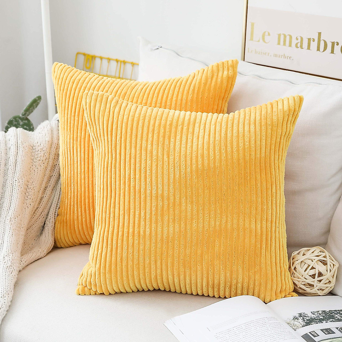 Home Brilliant Yellow Throw Pillow Covers 18x18 Set of 2 Super Soft Couch Pillow Covers Decorative Striped Corduroy Mustard Throw Pillows for Couch Bed Spring, 18 x 18 inch, Sunflower Yellow