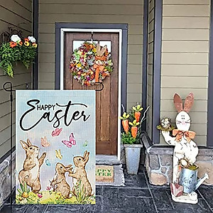 CROWNED BEAUTY Happy Easter Bunnies Garden Flag 12X18 Inch Small Double Sided for Outside Burlap Butterflies Yard Holiday Decoration CF759-12