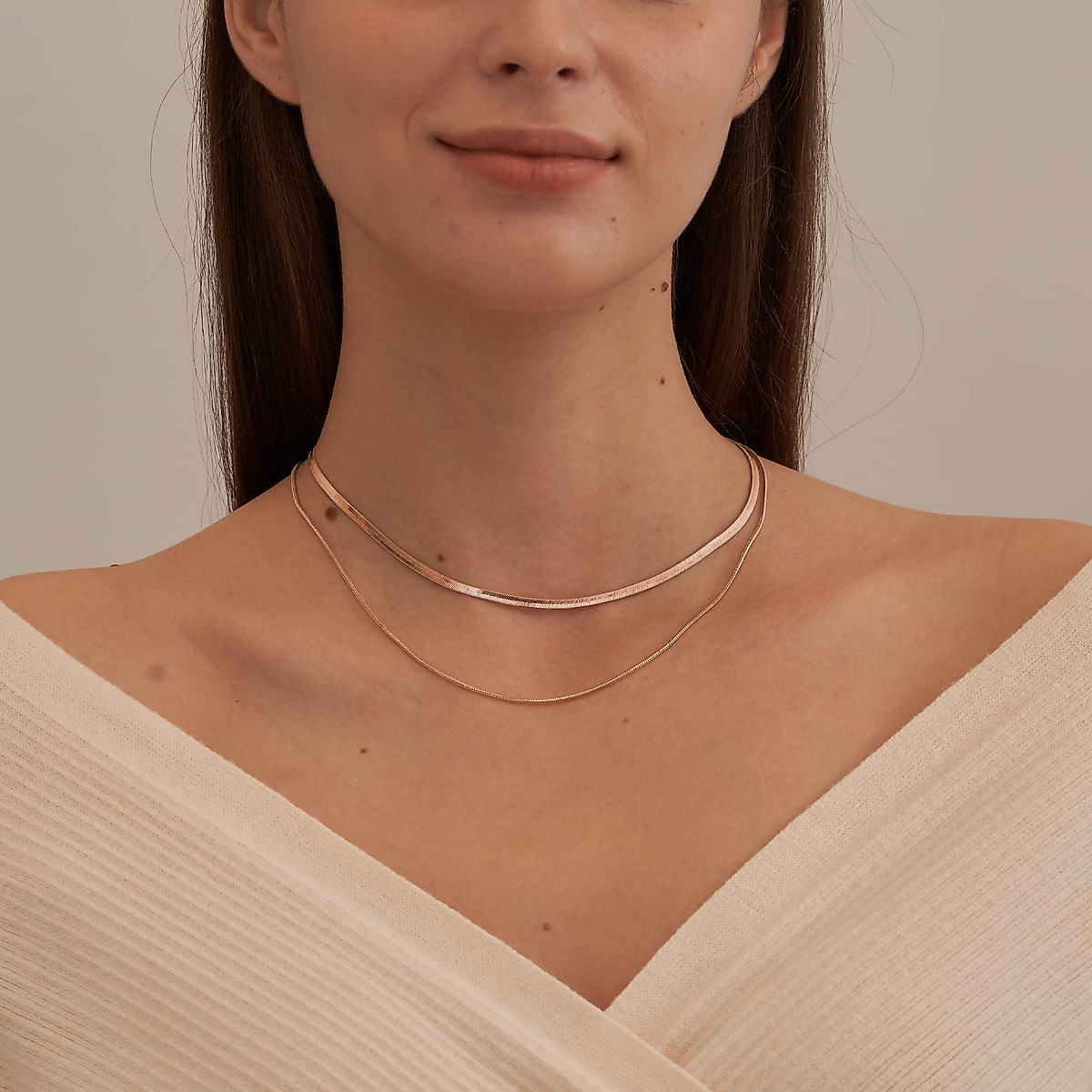 CHESKY 14K Gold/Silver Plated Snake Chain Necklace Herringbone Necklace Gold Choker Necklaces for Women Gifts Jewelry 1.5/3/5MM(W) 14"/16"(L) (layered rose gold)