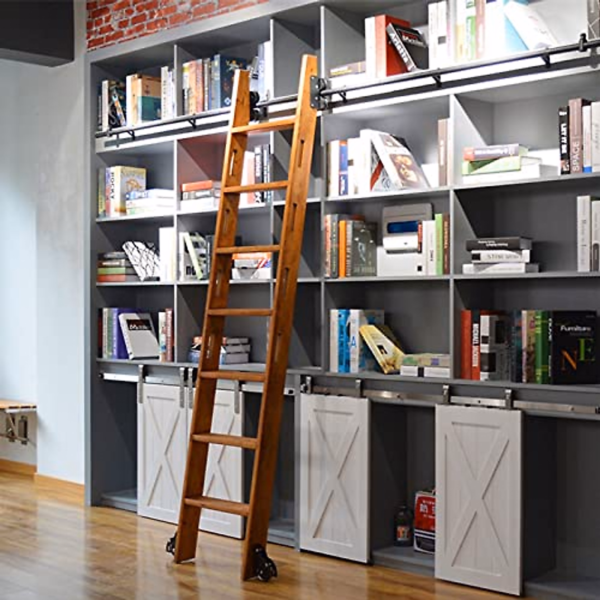 Rolling Ladder Hardware Library Sliding Ladder Hardware Kit(No Ladder) with Floor Roller Wheels 3.3ft-20ft Round Track/Rail Sliding Barn Door Kit (Size : 6.6ft/200cm Track Kit) (16ft/500cm Track k (
