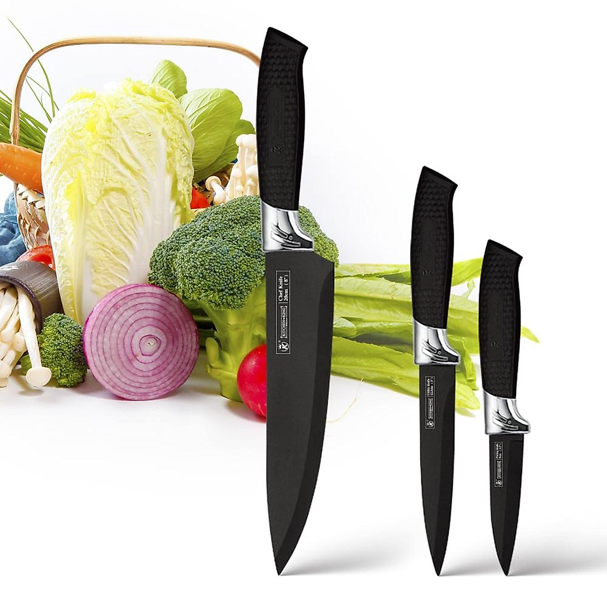 Ceramic Knife Set, Black Coated Knives Set, 6 pieces Stainless Steel Knife Set, BO Oxidation, No Rust, Sharp Black Knife Set with Gift Box for Cooking Cutting and Paring