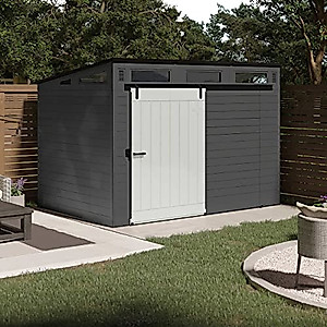 Suncast Modernist 10' x 7' Outdoor Storage Shed with Pad-Lockable Sliding Barn Door, All-Weather Shed for Outdoor Storage Items, Gray