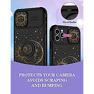Goocrux (2in1 for iPhone 12 Pro Max Case Sun Moon Stars for Women Girls Cute Space Phone Cover Fashion Golden Star Print Design with Slide Camera Cover+Ring Holder Cases for iPhone 12 ProMax 6.7''