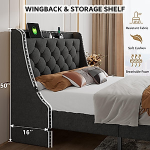 iPormis Queen Bed Frame with 16" Comfort Wingback & Charging Station, Upholstered Platform Bed with Button Tufted Storage Headboard, Solid Wood Slats Support, No Box Spring Needed, Dark Grey