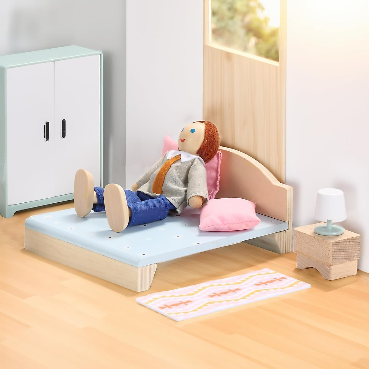 Giant bean 24 PCS Wooden Plastic Dollhouse Furniture Set, Bathroom and Bedroom Set, Wood Dollhouse Accessories Pretend Play Furniture Toys for Boys Girls & Toddlers