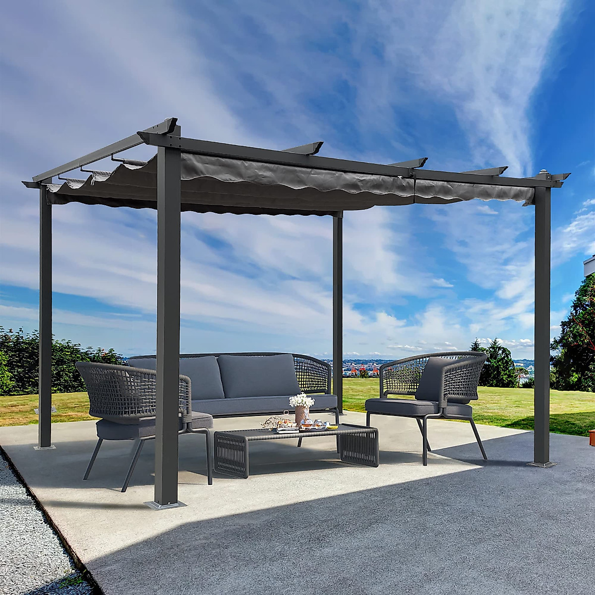 13x10 Ft Outdoor Aluminium Retractable Pergola Canopy, Grape Patio Gazebo, Backyard Shade Shelter, for Garden Porch Yard BBQ Beach, Gray