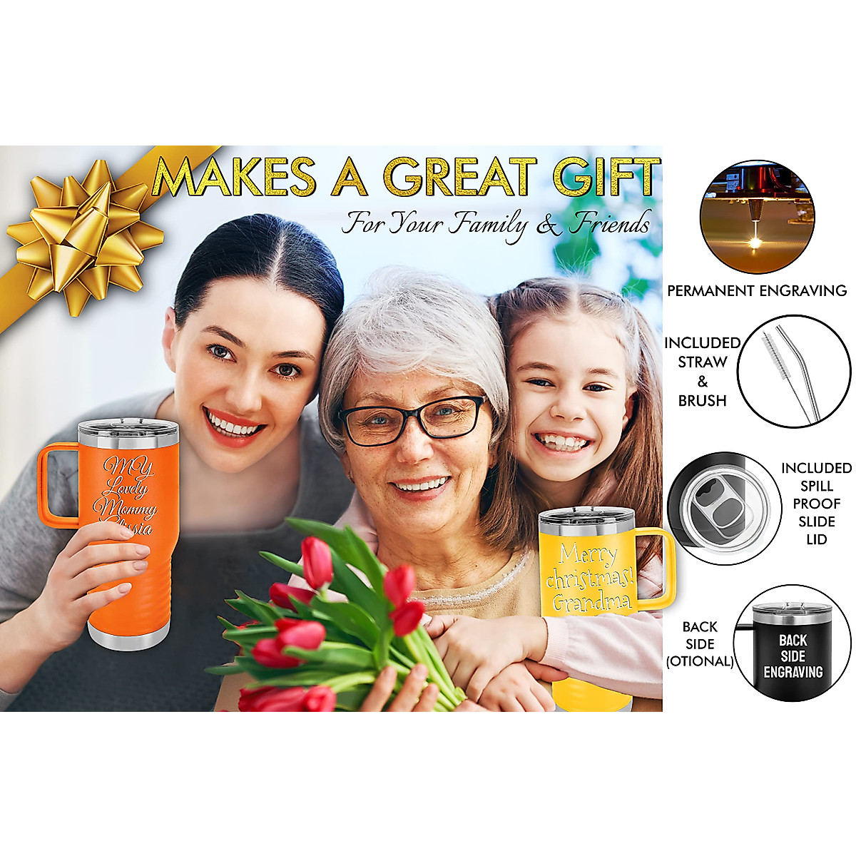 Polar Camel Personalized Tumblers with Slide Lid and Straw, Name Engraved Customized Cups, Stainless Steel Vacuum Insulated Travel Coffee Mugs - Women, Men Birthday Gift (Yellow, 20 oz)