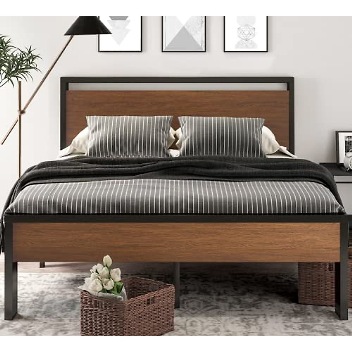 SHA CERLIN 14 Inch Queen Size Metal Platform Bed Frame with Wooden Headboard and Footboard, Mattress Foundation, No Box Spring Needed, Large Under Bed Storage, Non-Slip Without Noise, Walnut