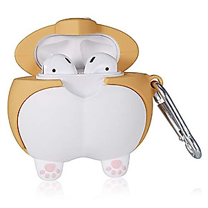 Coralogo for Airpods 1/2 Cute Case, 3D Cartoon Animal Character Soft Silicone Airpod Skin Dog Funny Fun Cool Keychain Design Accessories Cover Air pods Cases for Kids Teens Girls Boys (Lucky Corgi PP)