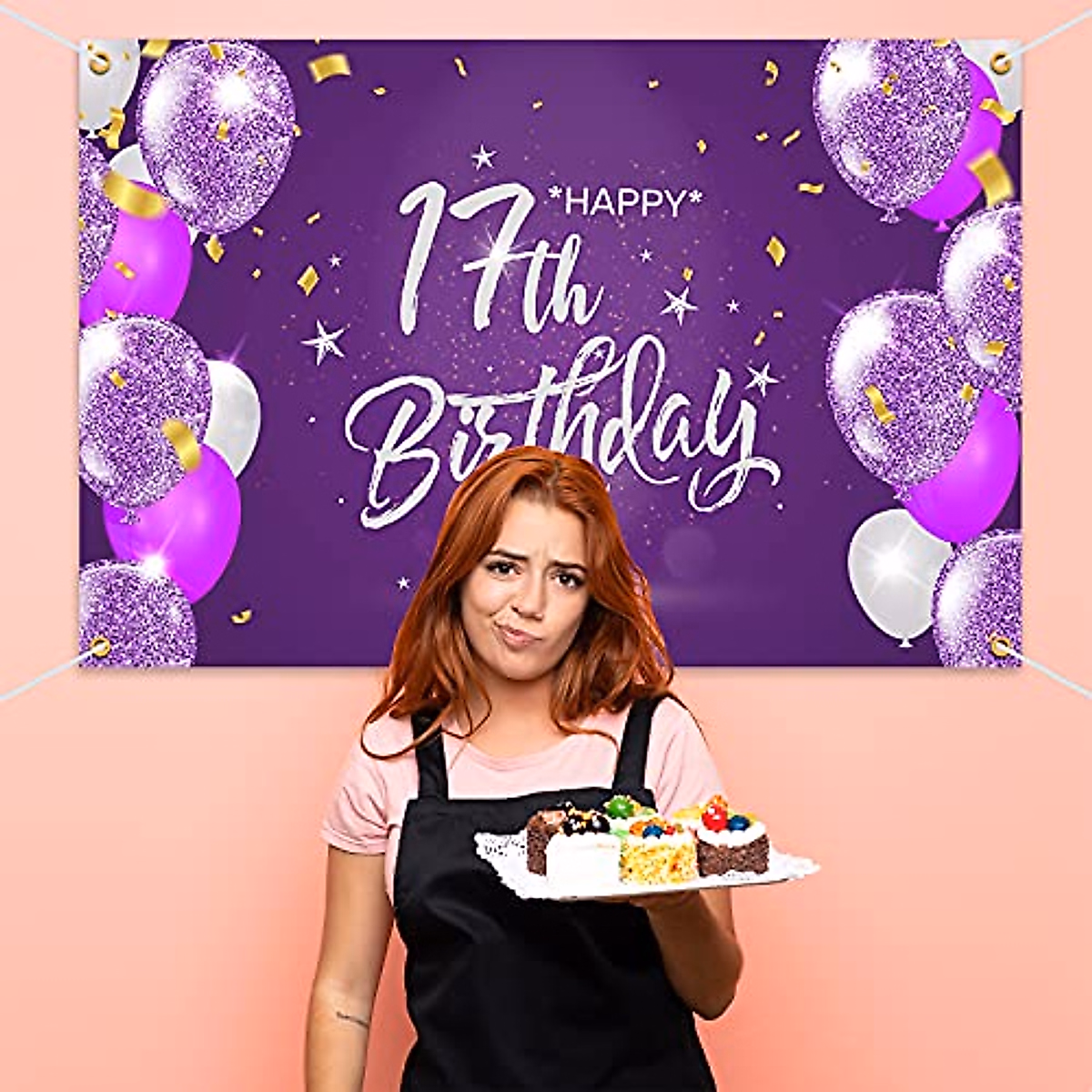 HAMIGAR 6x4ft Happy 17th Birthday Banner Backdrop - 17 Years Old Birthday Decorations Party Supplies for Girls - Purple