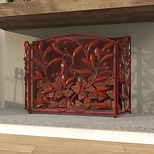 Deco 79 Metal Foldable Mesh Netting 3 Panel Fireplace Screen with Leaf and Vine Relief, 45" x 1" x 30", Brown