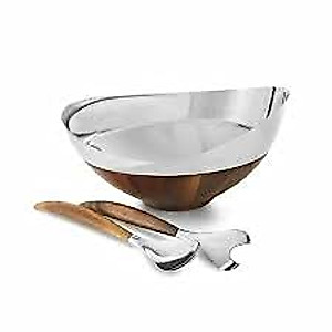 nambe Pulse Salad Bowl w/Servers | Large 13 Inch Salad Bowl with Serving Utensils | 3 Piece Decorative Wooden Salad Bowl Set | Made of Stainless Steel and Acacia Wood | Bowl is Dishwasher Safe