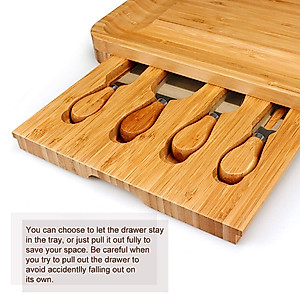 Bamboo Cheese Board and Knife Set,Cheese Servers with Hidden Drawer,Charcuterie Platter and Cheese Serving Tray for Wine, Crackers,Brie and Meat