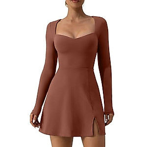 QINSEN Brown Dress for Womens Long Sleeve Sweetheart Neckline Bodycon Mini Dress for Casual L