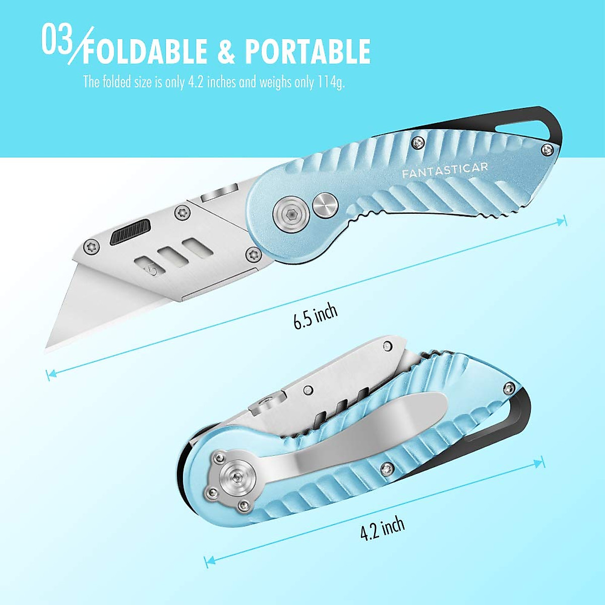 FantastiCAR Folding Utility Knife Gift Box Cutter Plume Type Metal Body, with 5-Piece Extra Blades (Sky Blue)