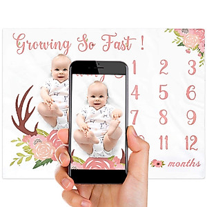 Eunikroko Baby Monthly Milestone Blanket for Girls Fleece Blankets Floral Deer Antler for Watch Me Grow Photography Background Weeks Months with Props for Newborn Infants Shower Gift