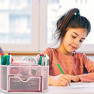 KWAGOCAR Pink Desk Organizers and Accessories Pencil Holder for Desk Cute Mesh Pen Holder Desk Organizer Trendy Mesh Office Desk Supplies with 8 Compartments and 1 Drawer Stationery Home School, Pink