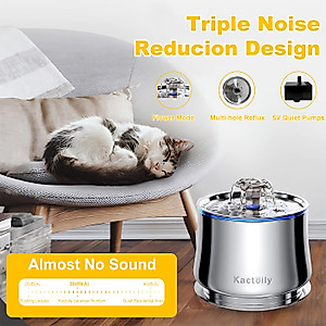 Kactoily Cat Water Fountain Stainless Steel, 2.5L/84oz Automatic Pet Water Fountain Ultra-Quiet Pump and 2 Filters, Cat Fountain for Drinking with LED Light, BPA-Free