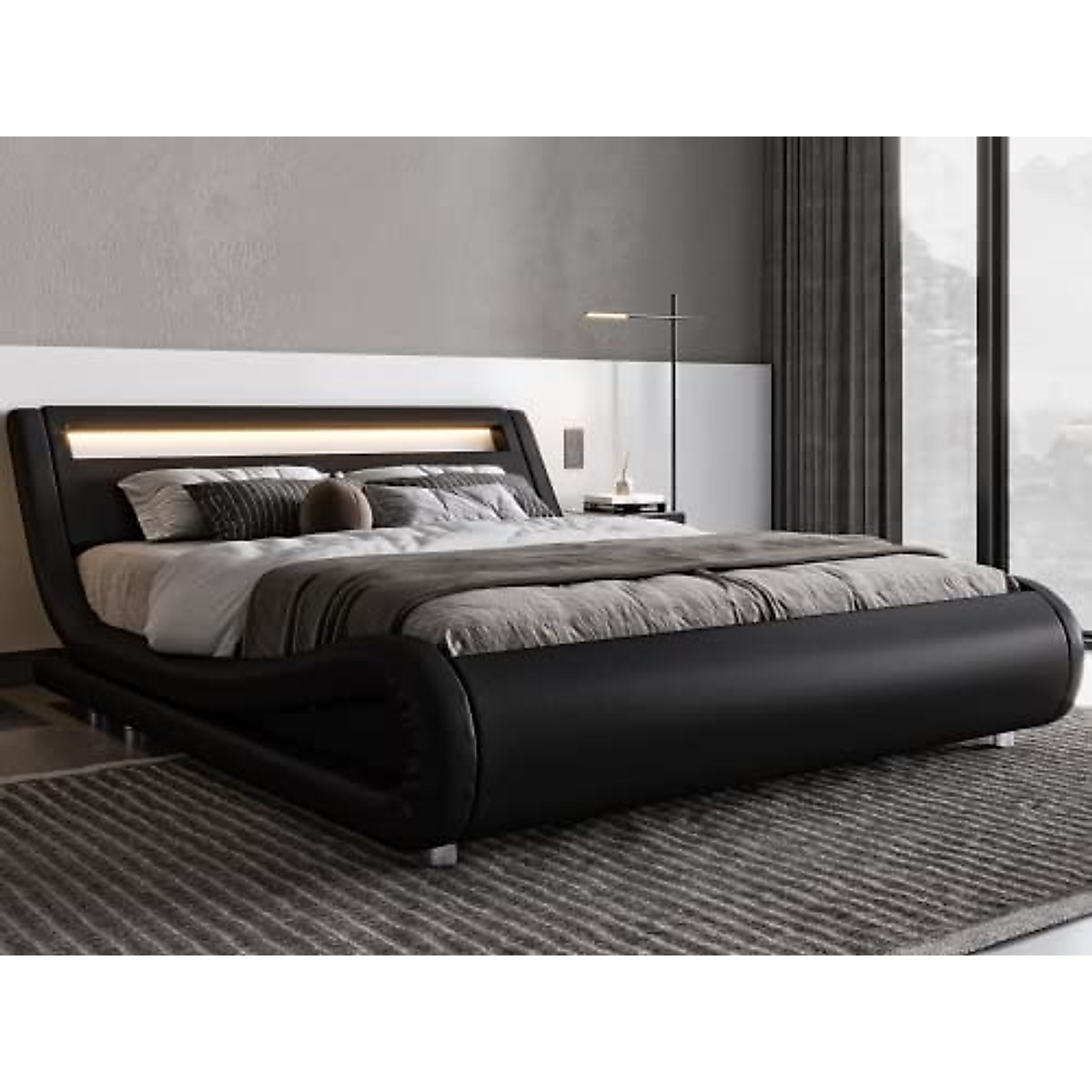 Allewie Full Size LED Platform Bed Frame with Adjustable Headboard/No Box Spring Need/Easy Assembly/Faux Leather in Black