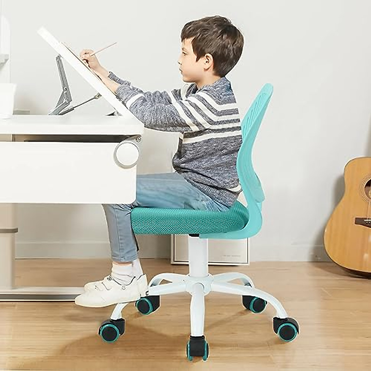 FurnitureR Desk Chair Small Study Chairs Armless for Child Kids Teens, Swivel Rolling Lightweight Task Chair with Wheels and Mesh Padded Cushion, Turquoise